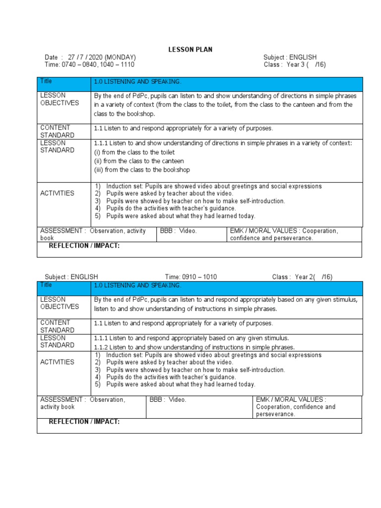 Daily Lesson Plans for English, Manipulative Skills, and Physical ...