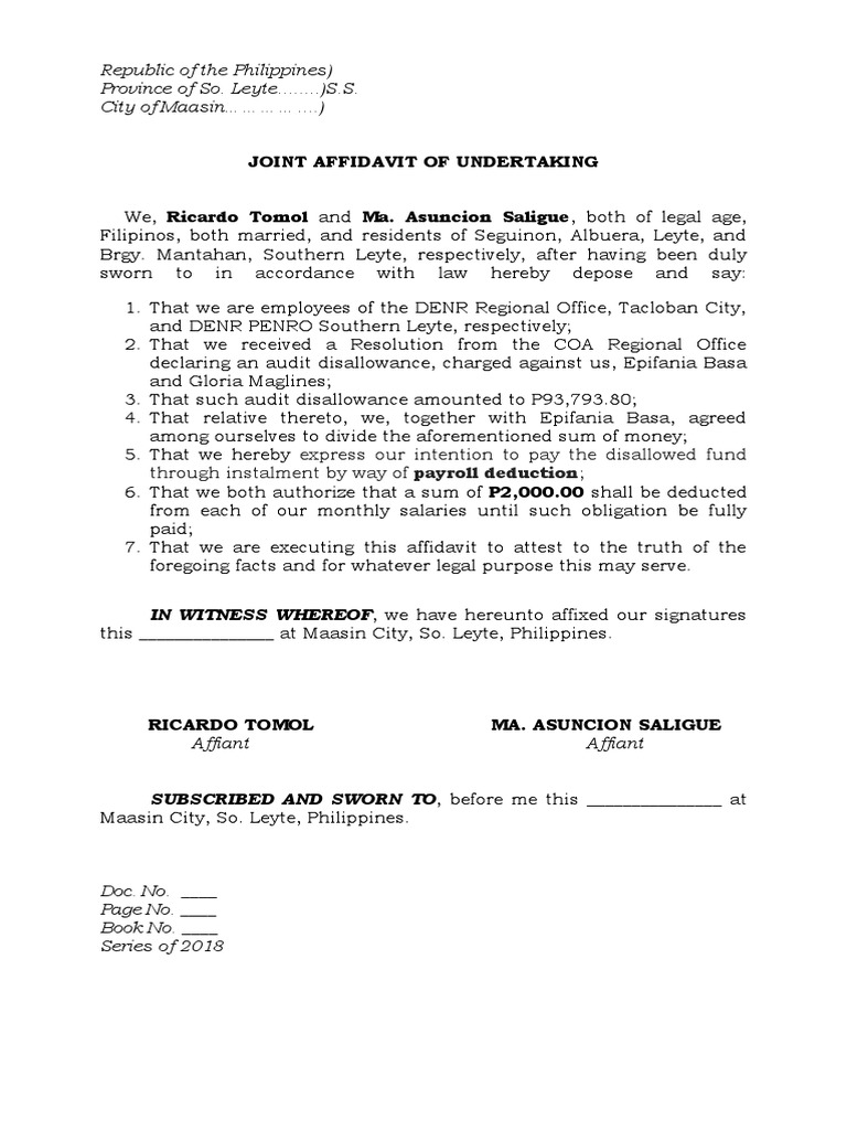 Joint Affidavit of Undertaking | PDF