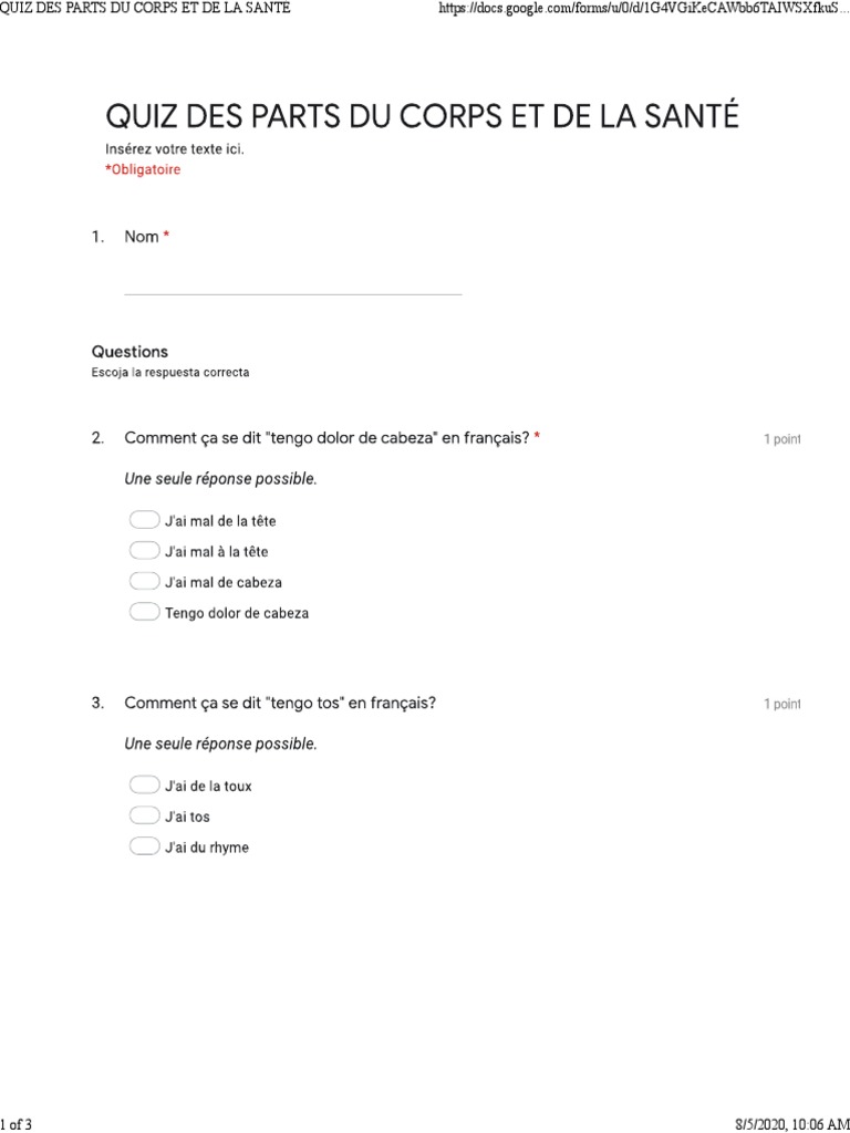 Quiz Partes Del Cuerpo | PDF