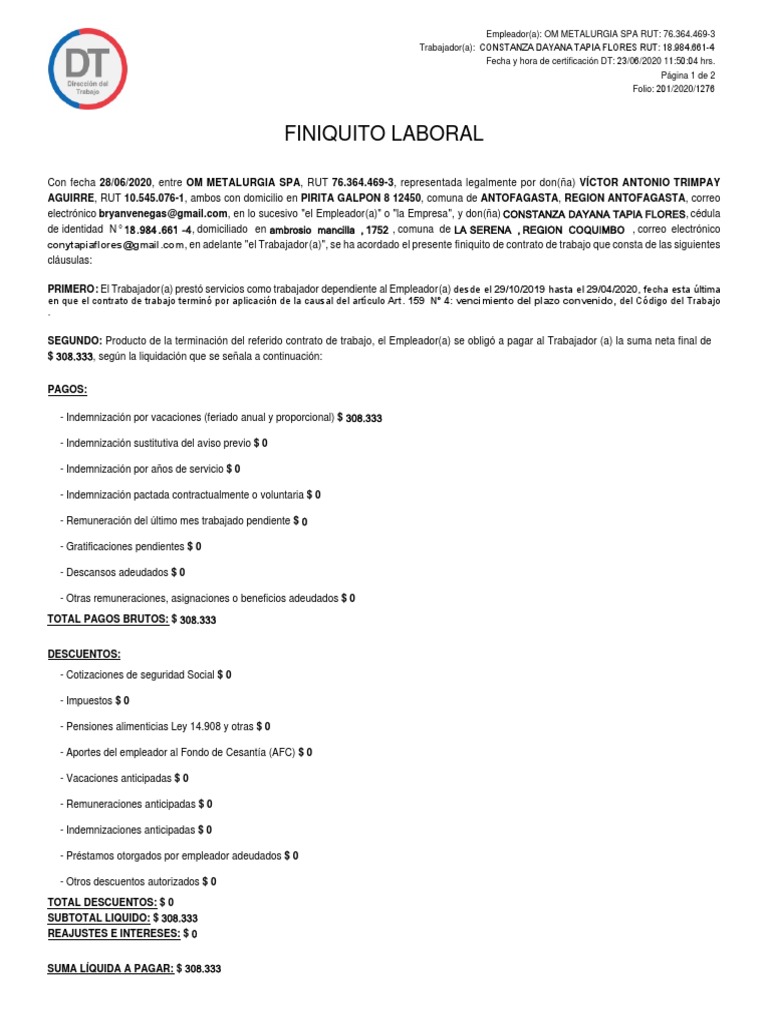 Finiquito Laboral 24073 PDF | PDF | Salario de emisión de contrato | Economias