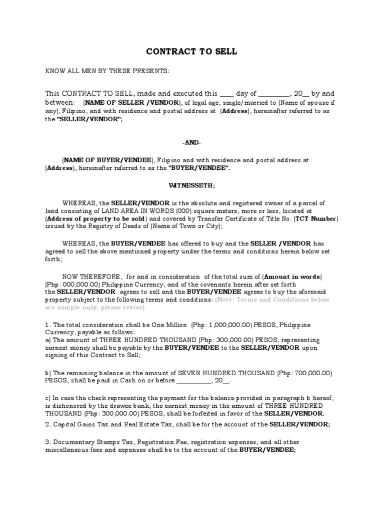 Contract To Sell - Sample 2 | PDF | Title (Property) | Sales