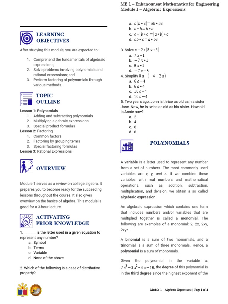 Module 1 - Algebraic Expressions: A Comprehensive Review of Polynomials ...