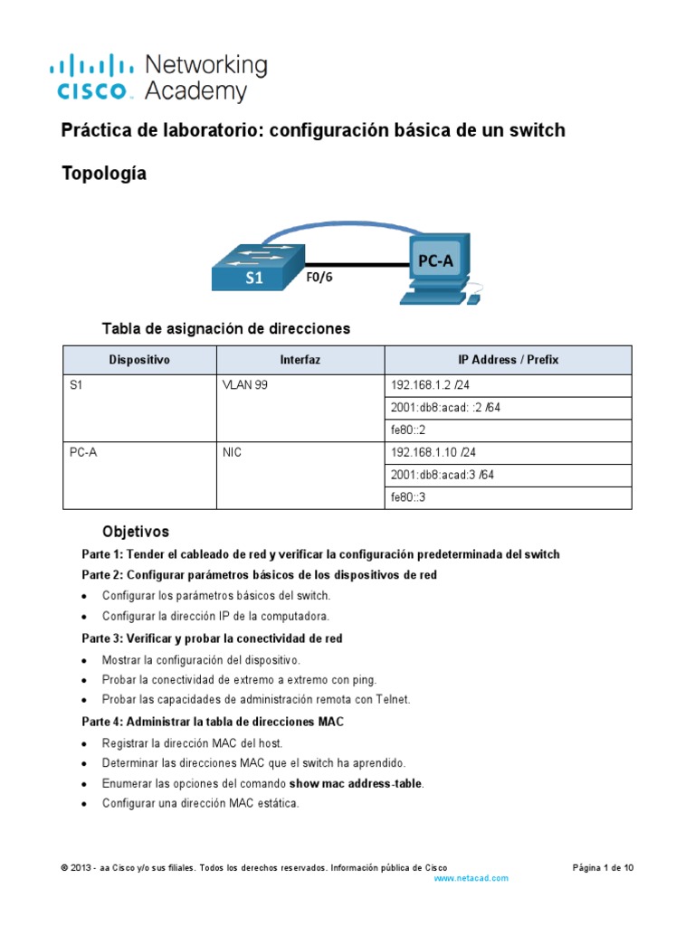 1.1.7 Lab - Basic Switch Configuration | Descargar gratis PDF | Dirección IP | Conmutador de red