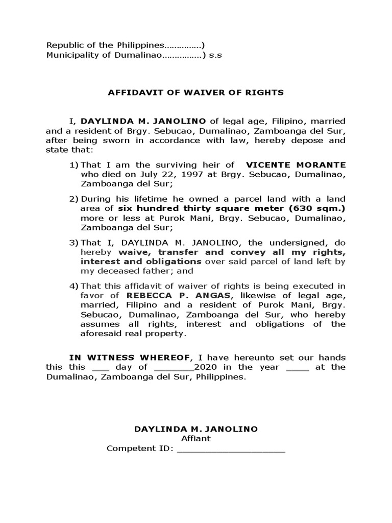 Affidavit of Waiver of Inheritance Rights to a 630 Square Meter ...
