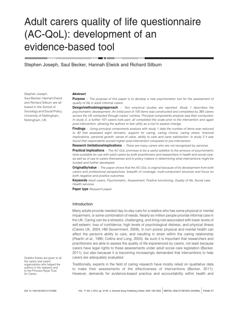 Adult Carer Quality of Life Questionnaire (AC-QoL) | PDF | Caregiver | Quality Of Life