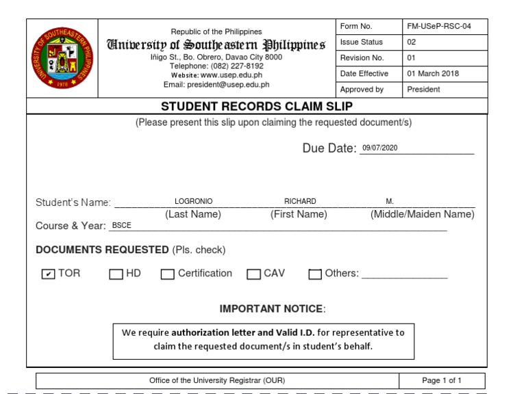 Requesting Student Records from the University of Southeastern ...