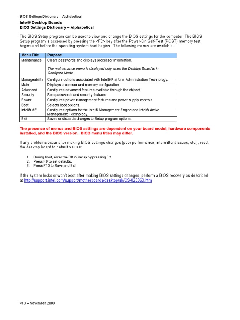 Intel® Desktop Boards BIOS Settings Dictionary - Alphabetical | PDF ...