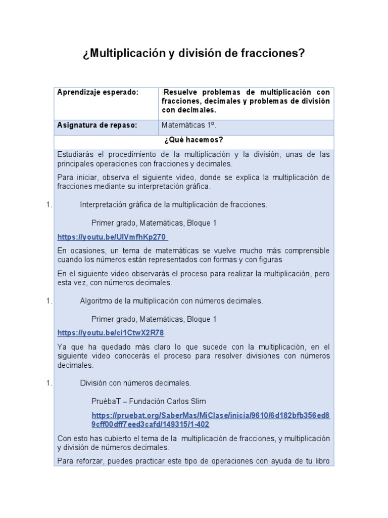 25 - Agosto - Multiplicación y División de Fracciones | PDF | Fracción ...