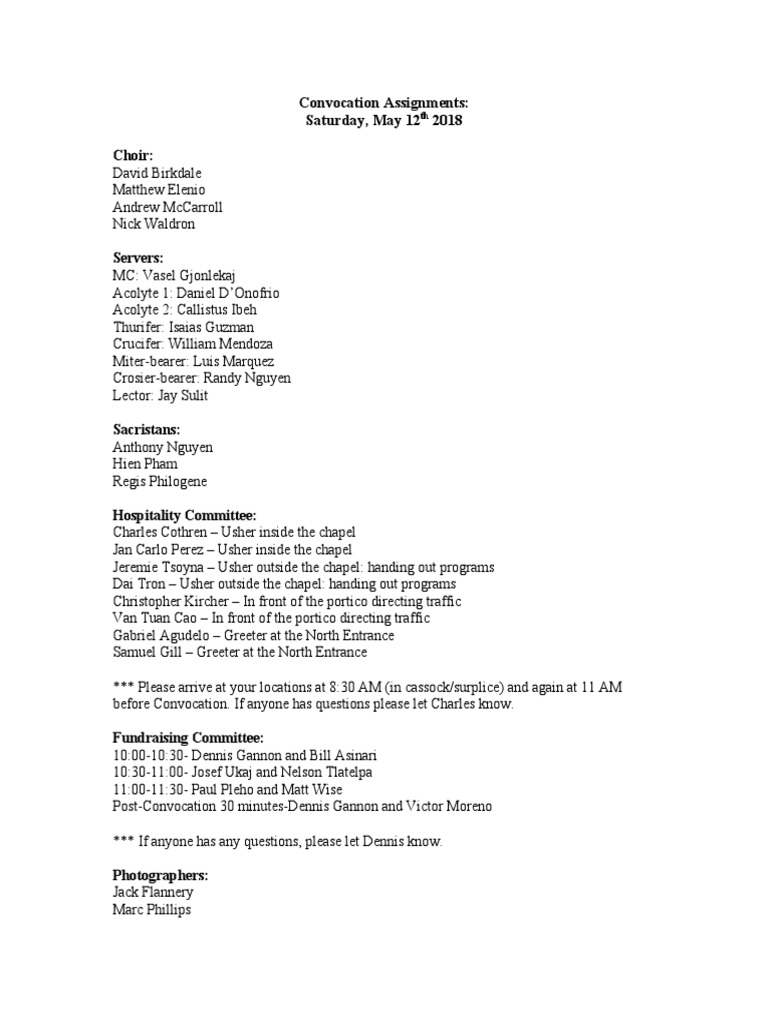 Choir:: Convocation Assignments: Saturday, May 12 2018 | PDF