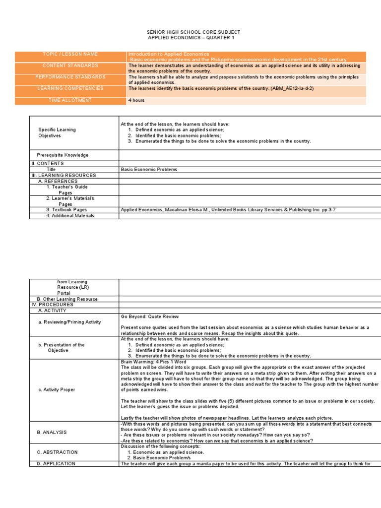 Lesson Plan Basic Economics Intro Week 1 | PDF | Economics | Learning