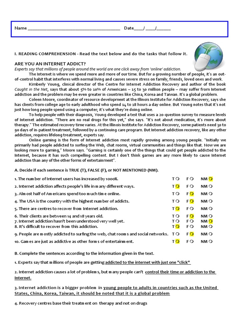 Reading Comprehension Internet | PDF | Substance Dependence | Online Chat