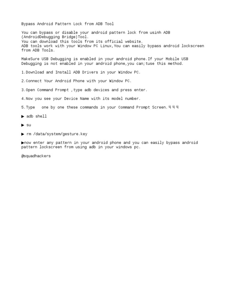 Bypass Android Pattern Lock Using ADB | PDF