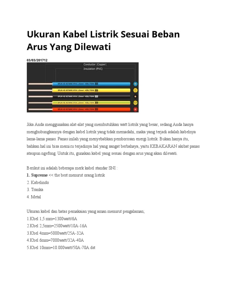 Ukuran Kabel Listrik Sesuai Beban Arus Yang Dilewati | PDF