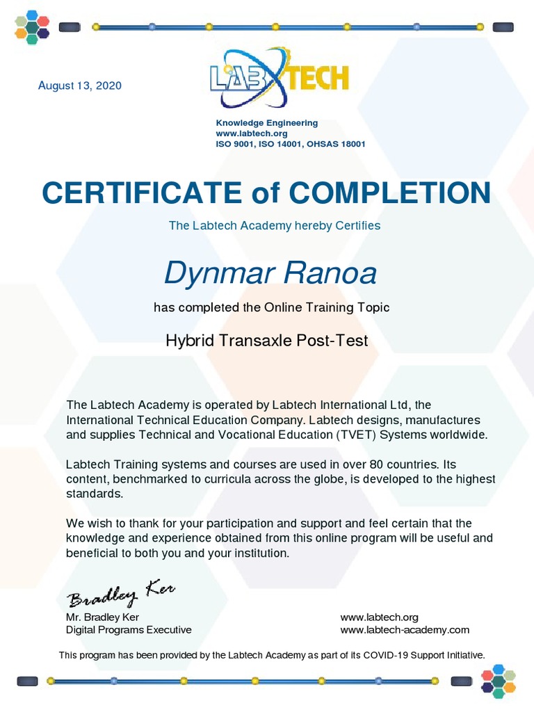 Hybrid Transaxle Training Completion Certificate | PDF