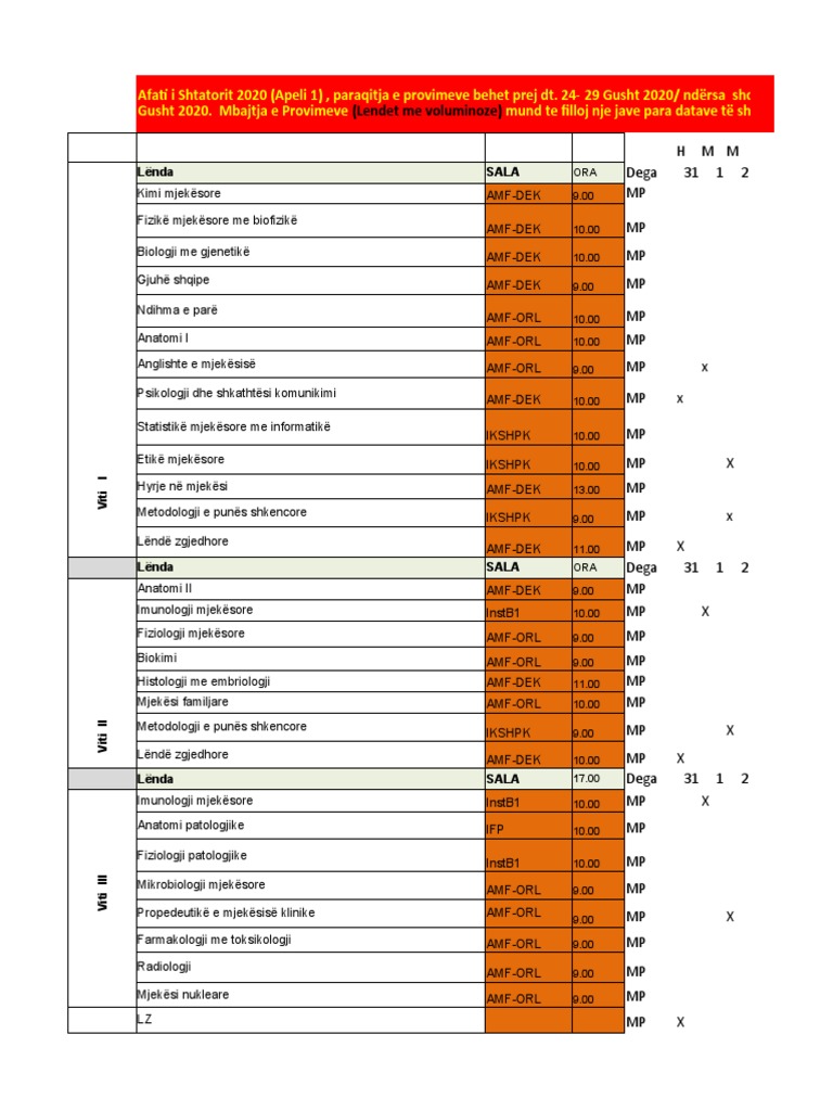 Orari Provimeve Shtator - Apeli I Pare 2020 | PDF