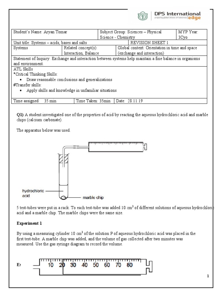 Myp 3 Chem Revision Sheet 1 | PDF | Experiment | Hydrochloric Acid