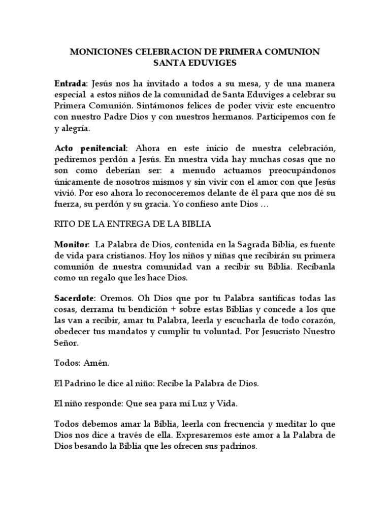 Moniciones Celebracion de Primera Comunion Santa Eduviges | PDF | eucaristía | Misa (liturgia)