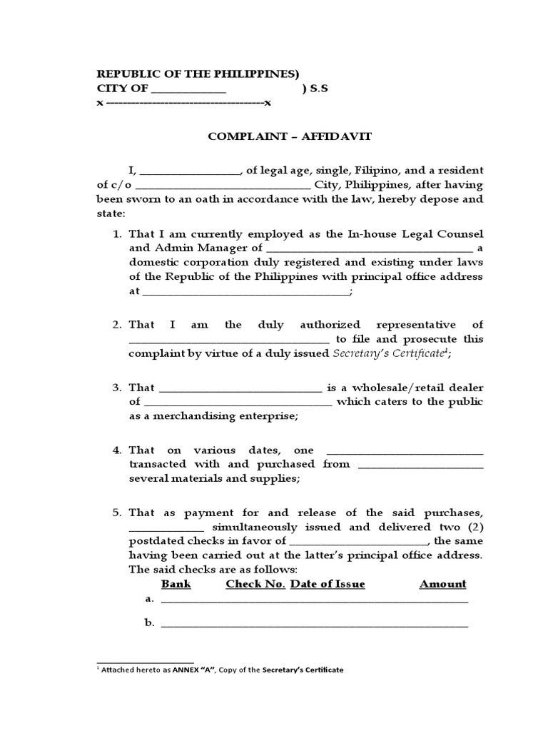 BP 22 Complaint Affidavit Sample | PDF | Cheque | Social Institutions