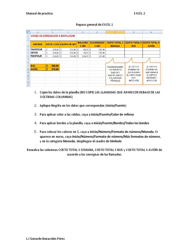 Manual de Practica EXCEL 2. Repaso General de EXCEL 1 | PDF | Microsoft Excel | Coche