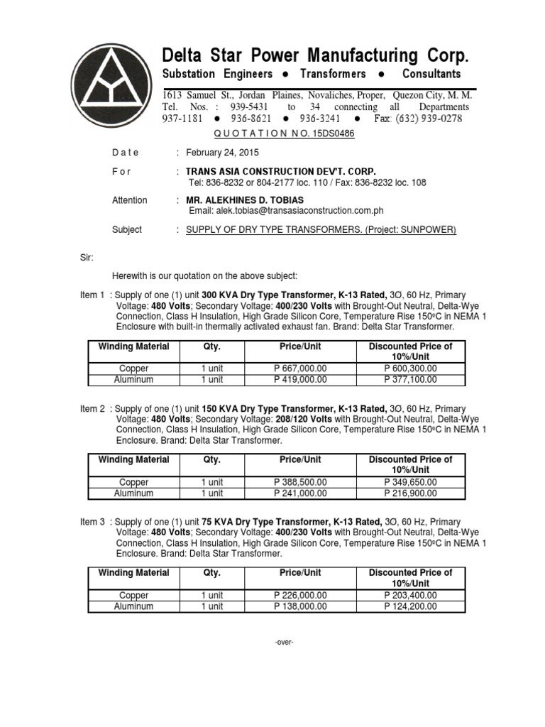 Delta Star Dry Type Transformer Quotation | PDF | Transformer | Components