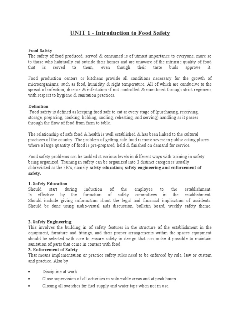 UNIT 1 - Introduction To Food Safety | PDF | Food Safety | Hygiene
