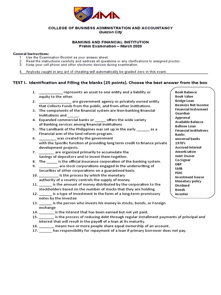 Preliminary Examination for Banking and Financial Institutions - March ...