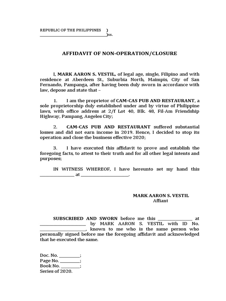 Affidavit of Non-Operation/Closure: Republic of The Philippines) ) Ss | PDF