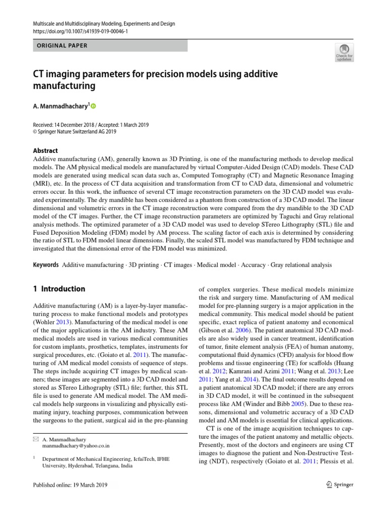 CT Imaging Parameters For Precision Models Using Additive Manufacturing ...