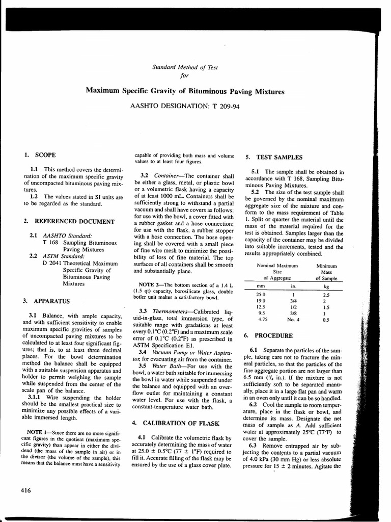 AASHTO 209-94 Maximum Specific Gravity of Asphalt PDF | PDF