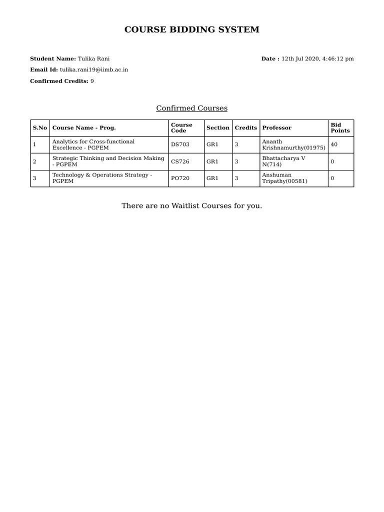 Course Bidding System: Confirmed Courses | PDF