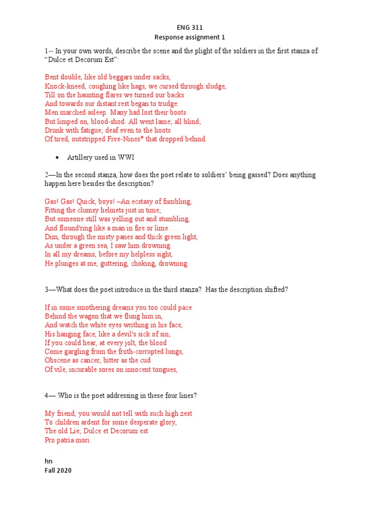 ENG 311 Response: Owen's War Poetry Analysis | PDF | Human ...