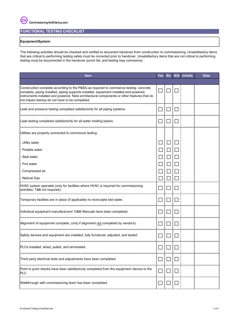 Functional Testing Checklist Equipment System Pdf Programmable