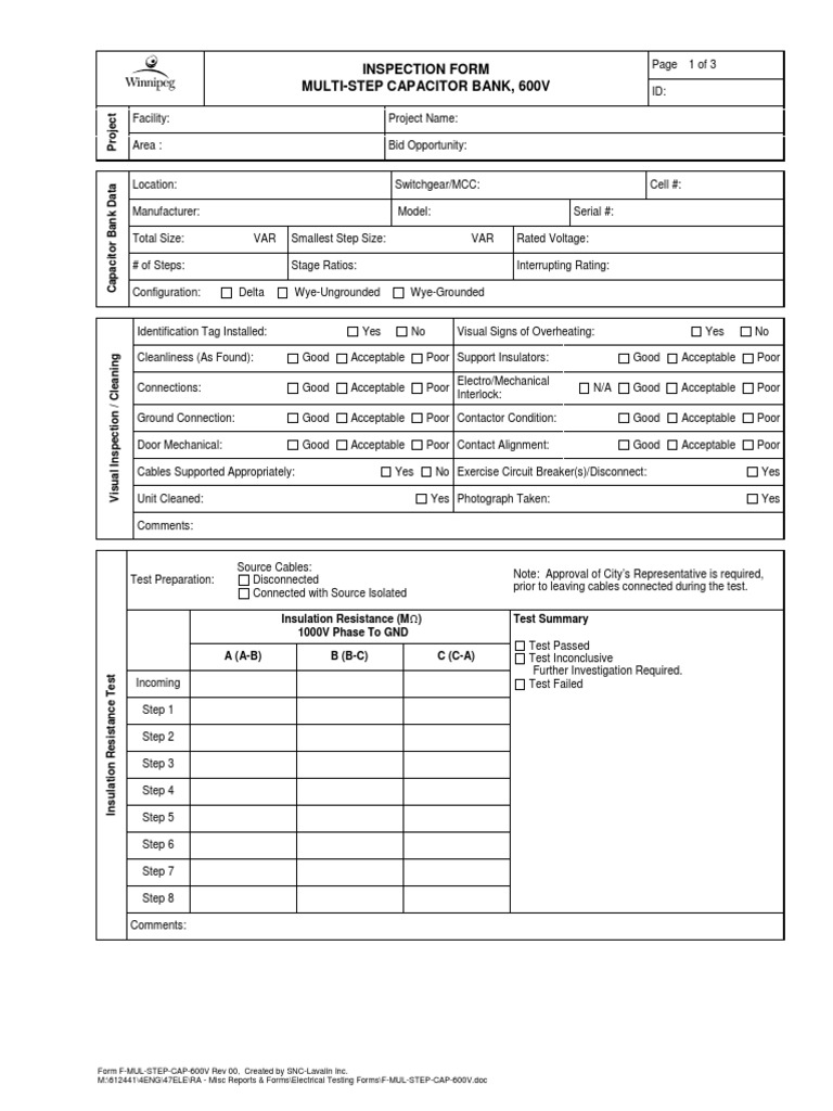 Inspection Form Multi-Step Capacitor Bank, 600V: Insulation Resistance ...