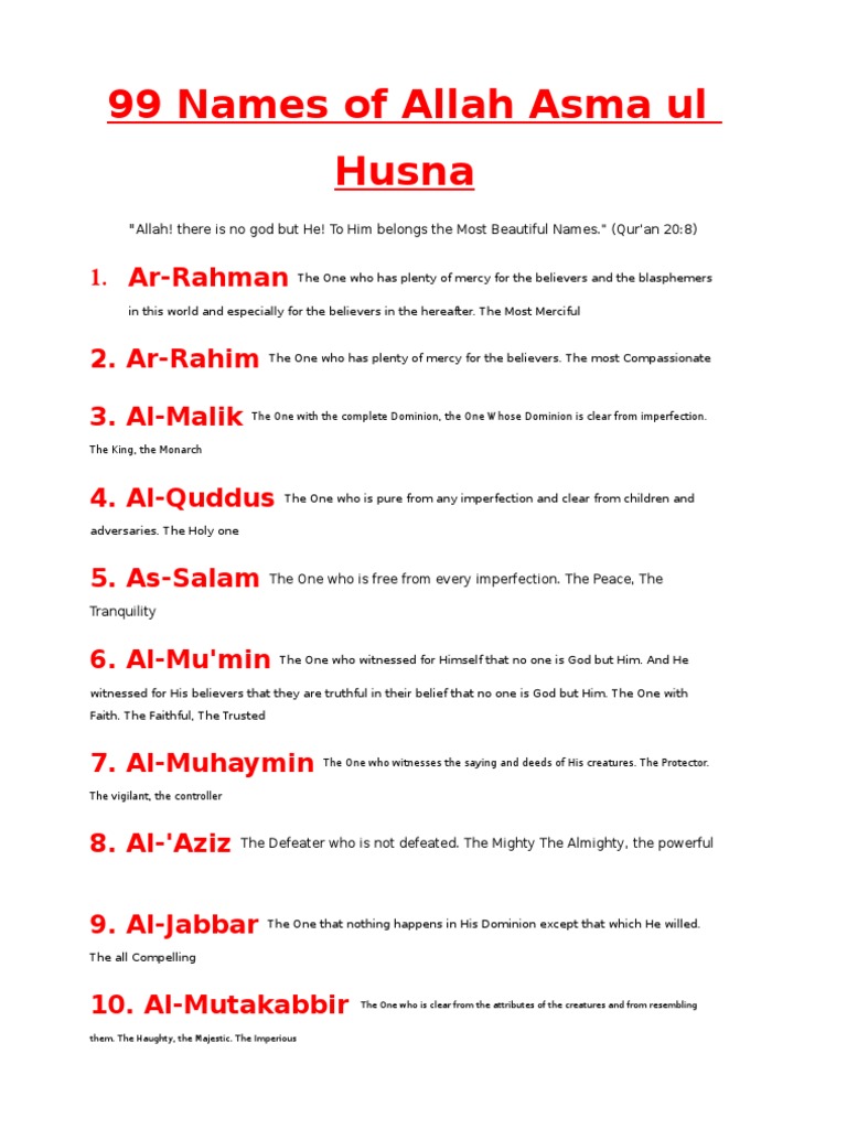 99 Names of Allah Asma Ul Husna | PDF | God In Islam | Religious Belief ...