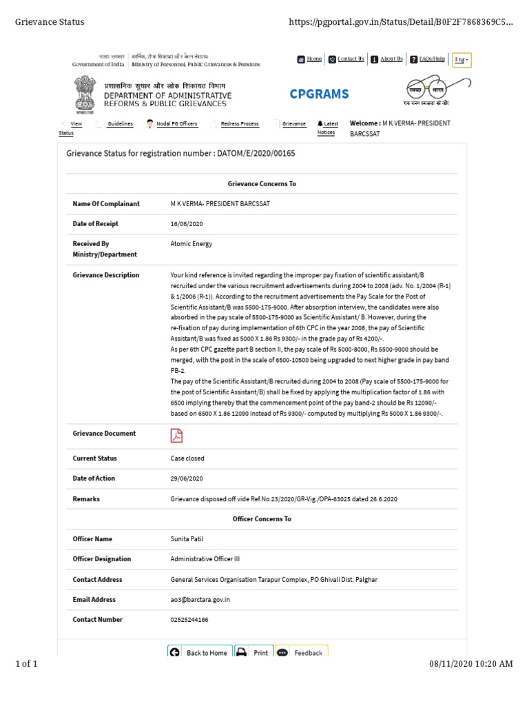 Cpgrams: Grievance Status For Registration Number: DATOM/E/2020/00165 | PDF | Government | Business