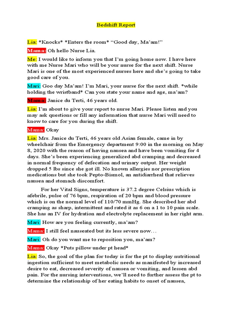 Script Bedside Shift Report | PDF | Nausea | Clinical Medicine