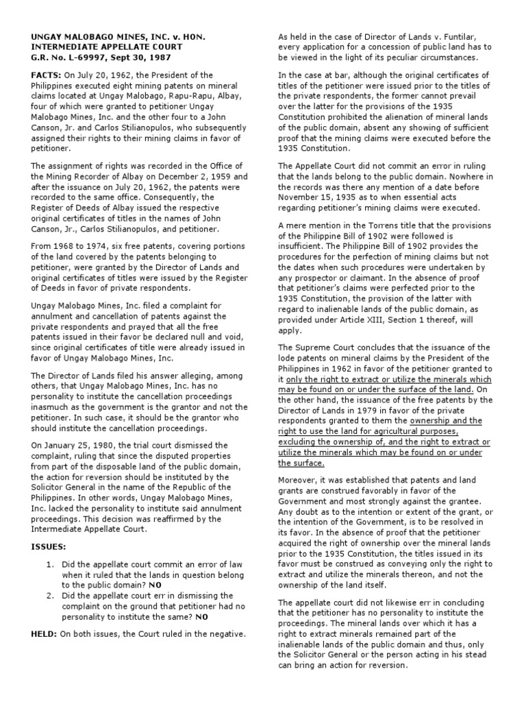 UNGAY v. IAC Digest | PDF | Mineral Rights | Patent