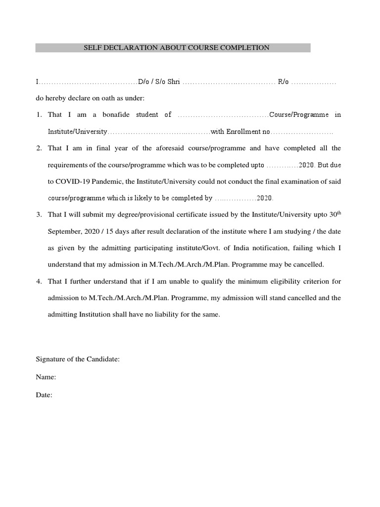 Self Declaration For Course Completion Certificate New | PDF