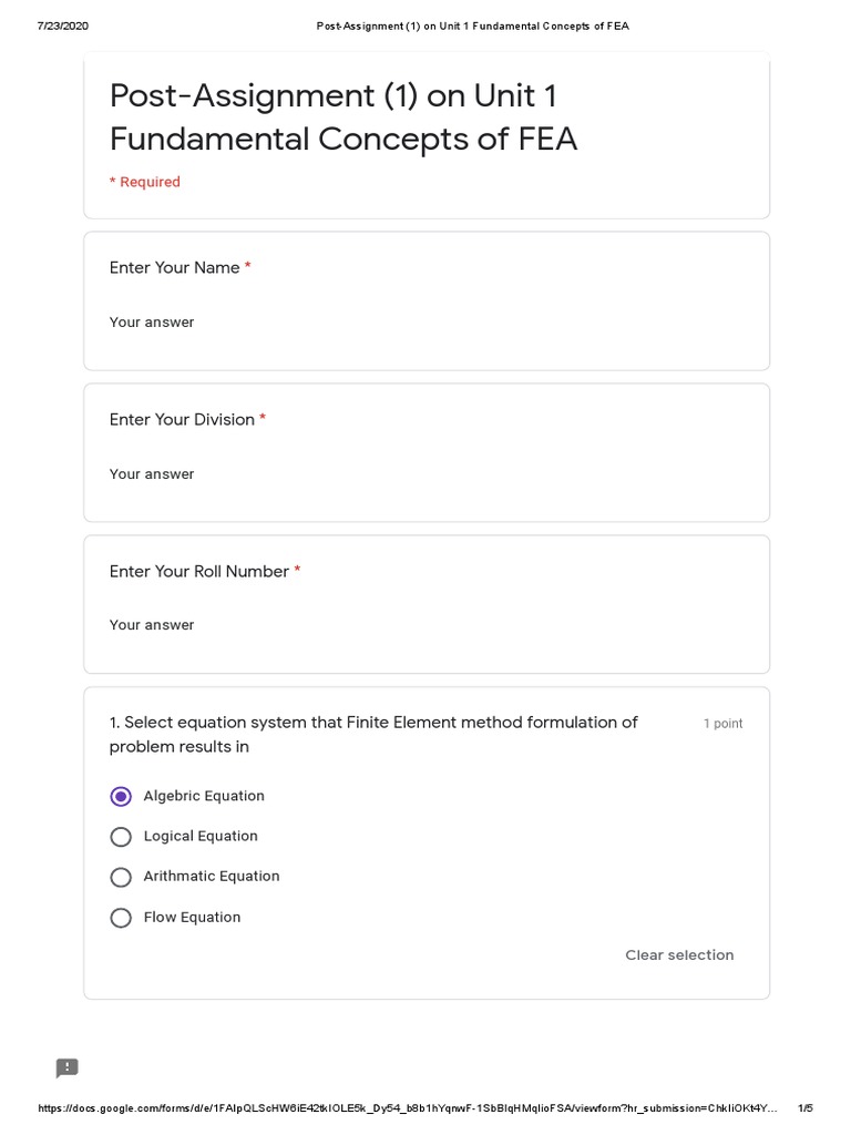 Post-Assignment (1) On Unit 1 Fundamental Concepts of FEA: Enter Your ...