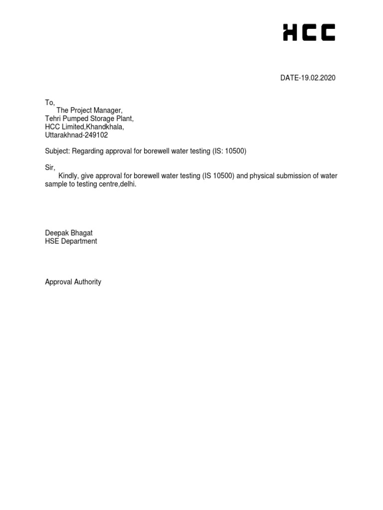 Borewell Water Testing Approval Request | PDF