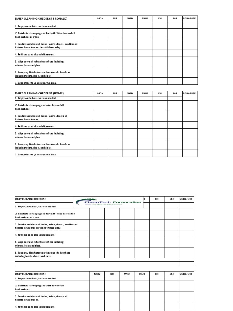Daily Cleaning Checklist | PDF | Public Toilet | Toilet
