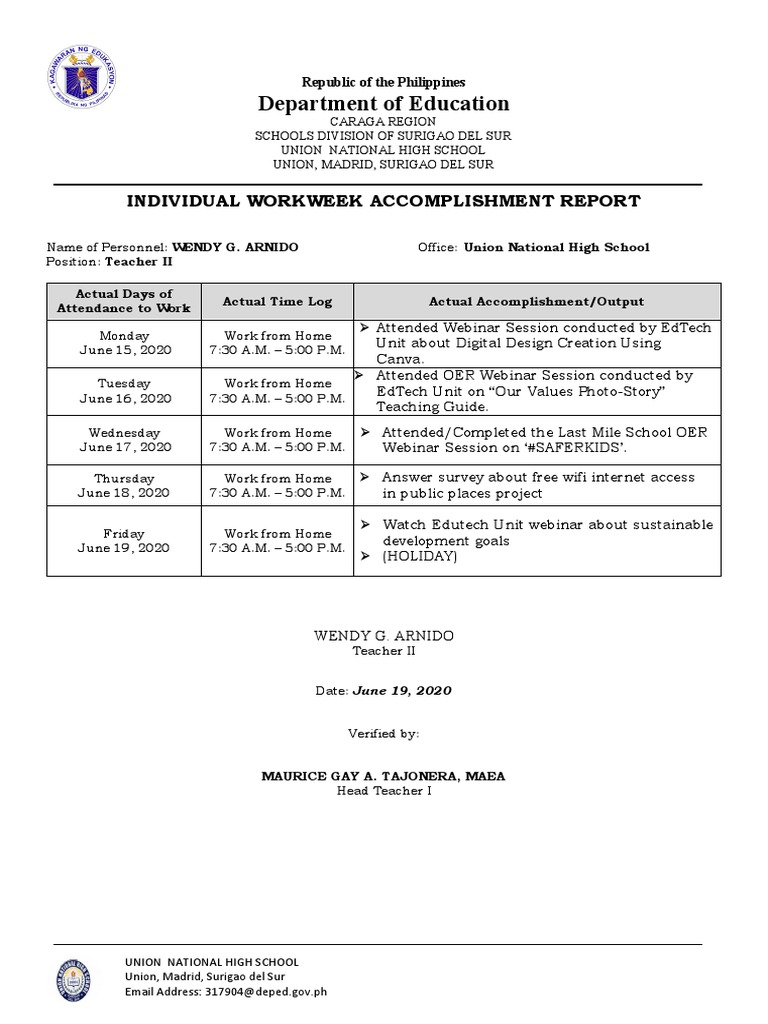 Department of Education: Individual Workweek Accomplishment Report | PDF