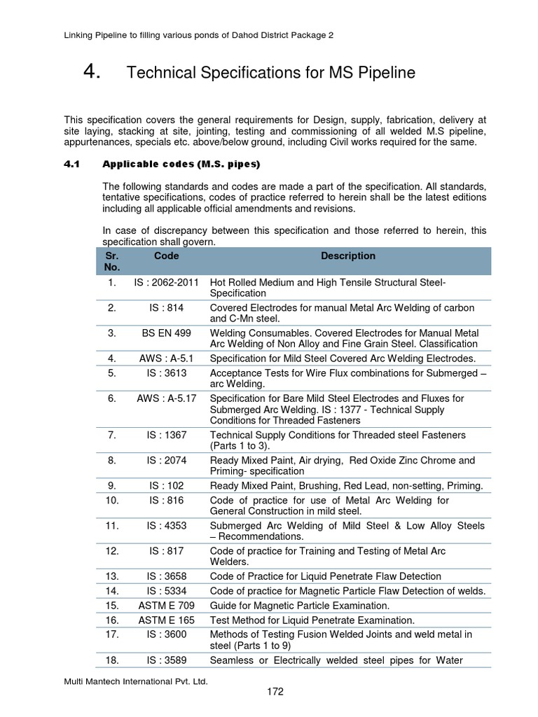 Technical Specifications For MS Pipeline: 4.1 Applicable Codes (M.S ...