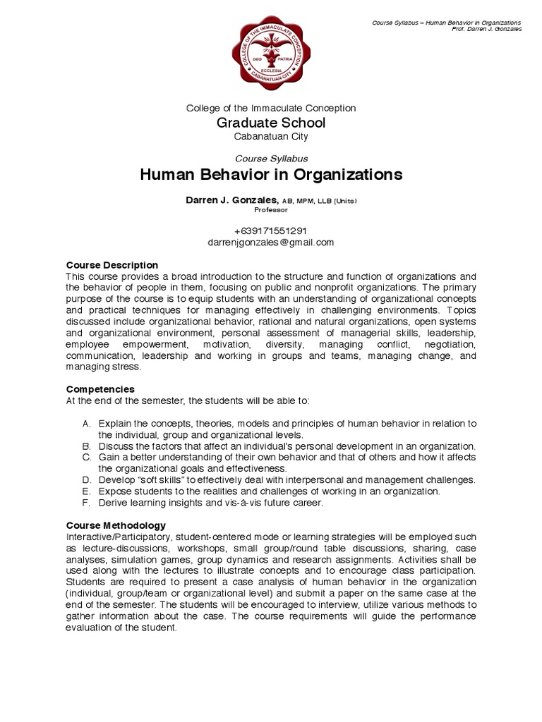 Course Syllabus - Human Behavior in Organizations | PDF ...