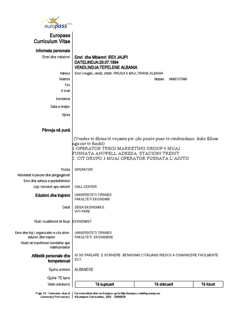 Shembull CV Shqip 3 | PDF