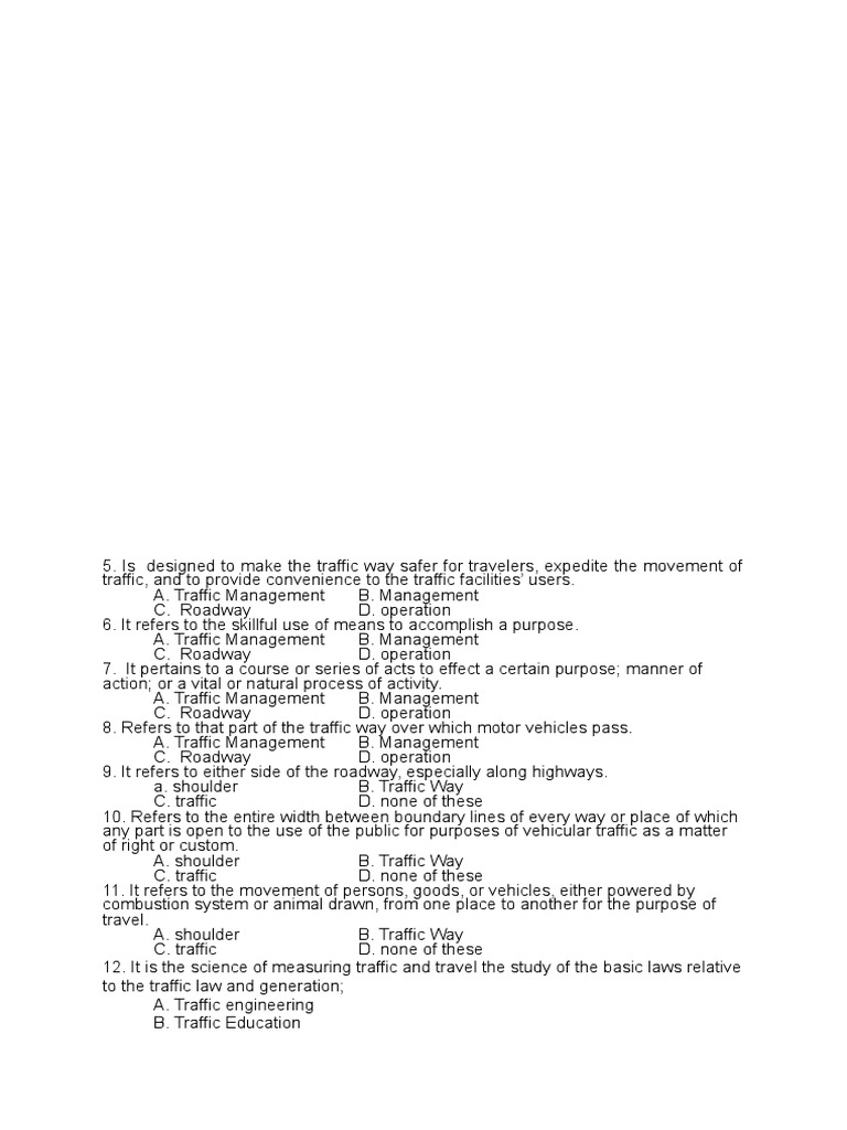 Final Exam In Traffic Management Students Pdf Traffic Road