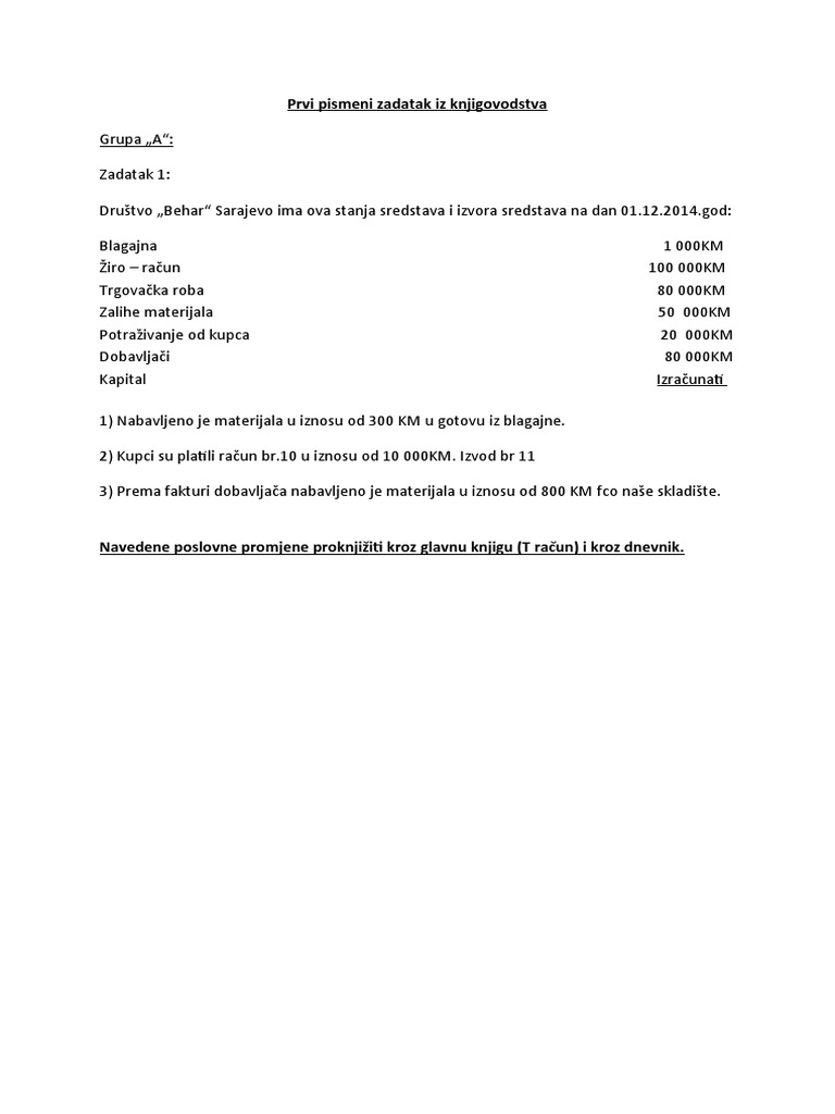 Prvi Pismeni Zadatak Iz Knjigovodstva A | PDF