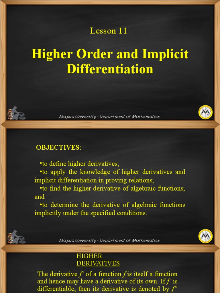 Lesson 11-Higher Order and Implicit Differentiations | PDF | Derivative | Function (Mathematics)