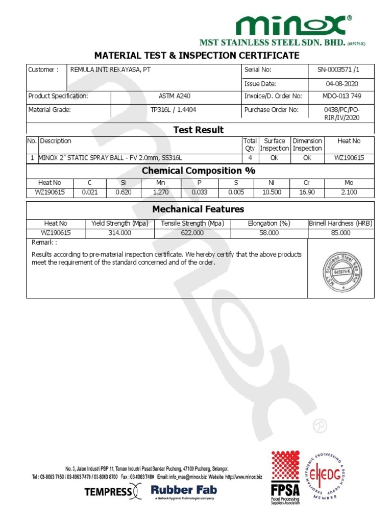 Material Test & Inspection Certificate | PDF