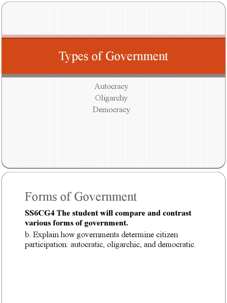 Types of Government: Autocracy Oligarchy Democracy | PDF | Dictatorship ...